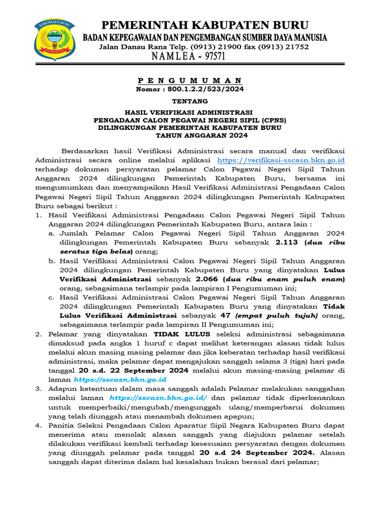 Pengumuman Hasil Verifikasi Berkas Cpns Tahun 2024 | PDF