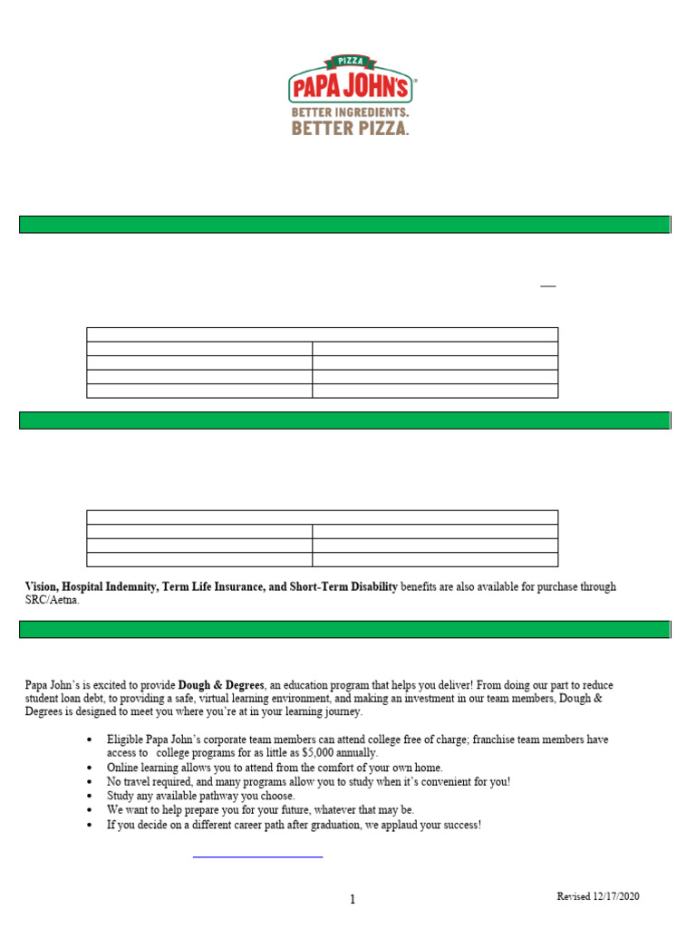 Benefits at A Glance 2021 (PT Hourly Restaurant) | PDF | 401(K) | Insurance