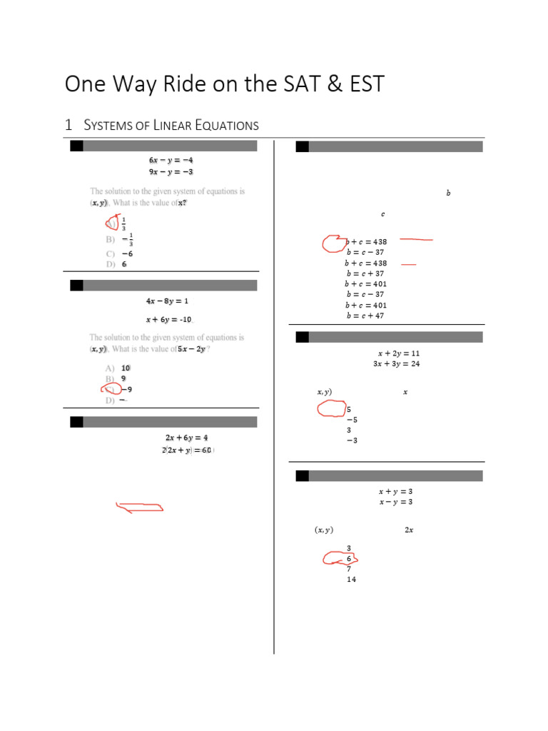One Way Ride On The SAT & EST Systems of Linear Equations & Linear ...