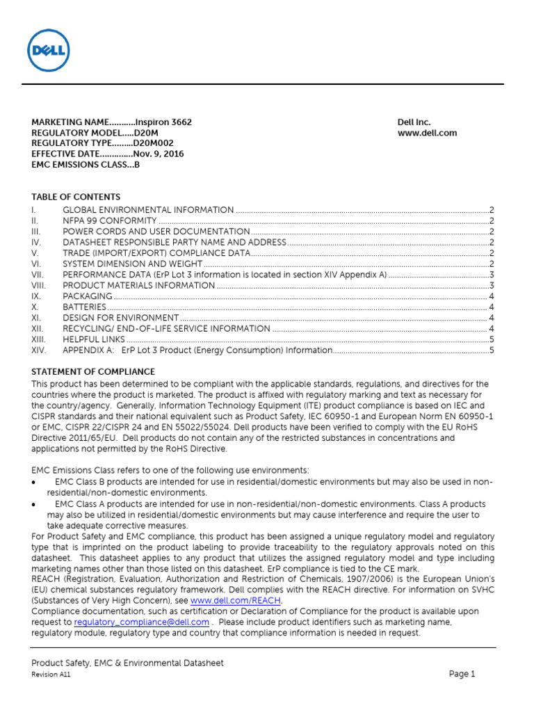 Dell Inspiron 3662, d20m, d20m002, Dell Regulatory and Environmental ...