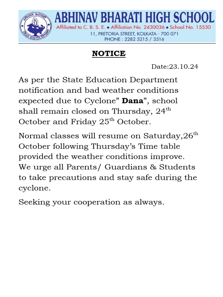 Cyclone Notification Holiday | PDF