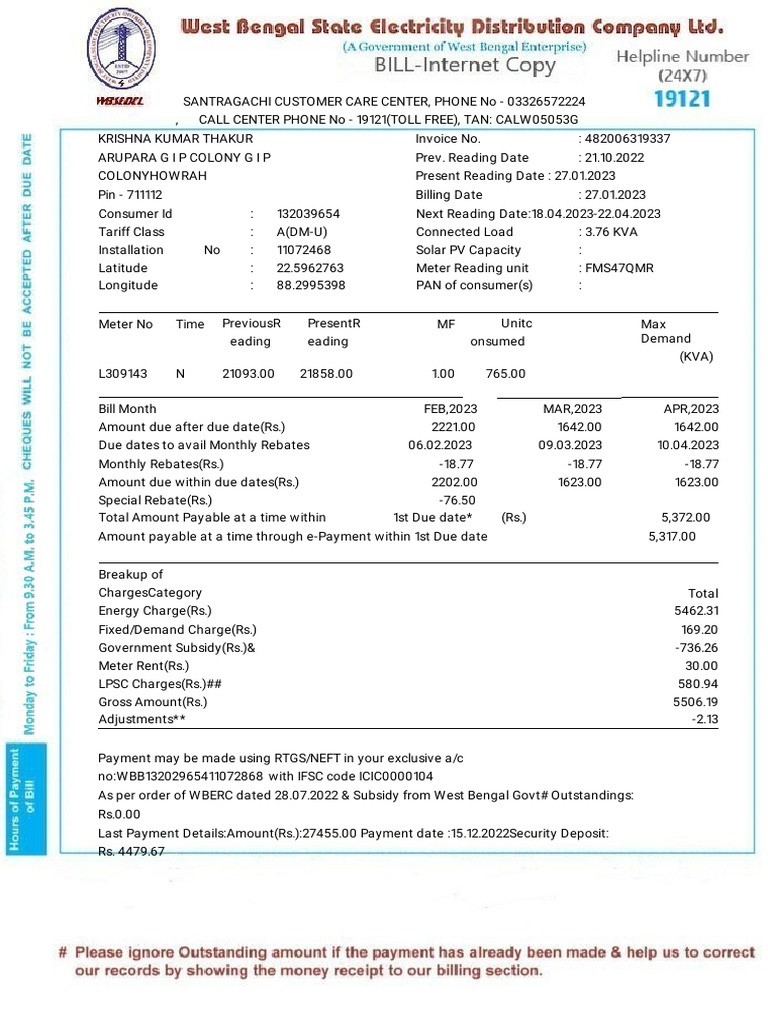 Howrah Electricity Bill Details | PDF