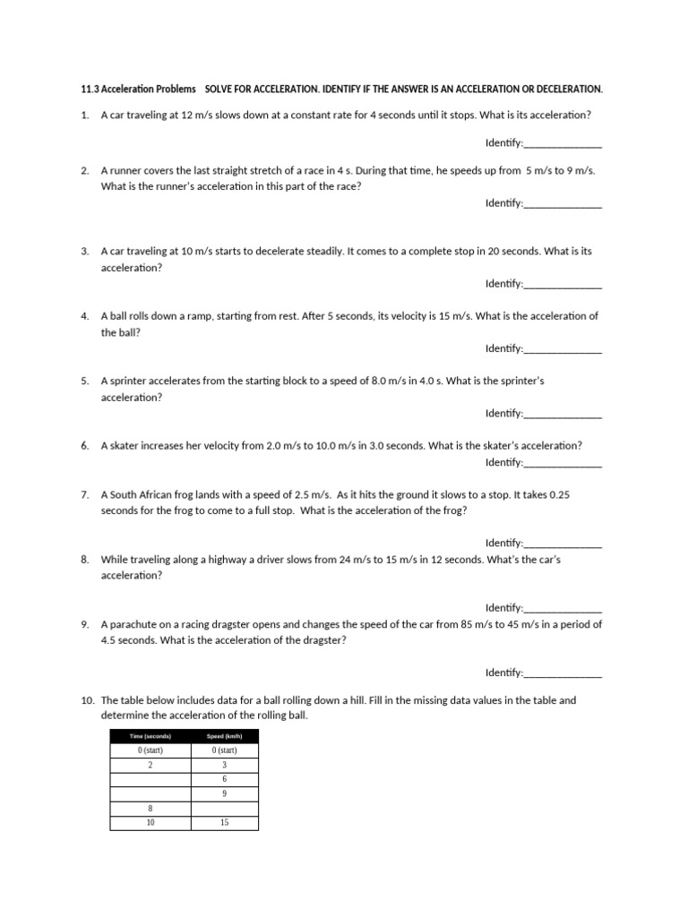 Acceleration Problem Set and Solutions | PDF | Acceleration | Velocity