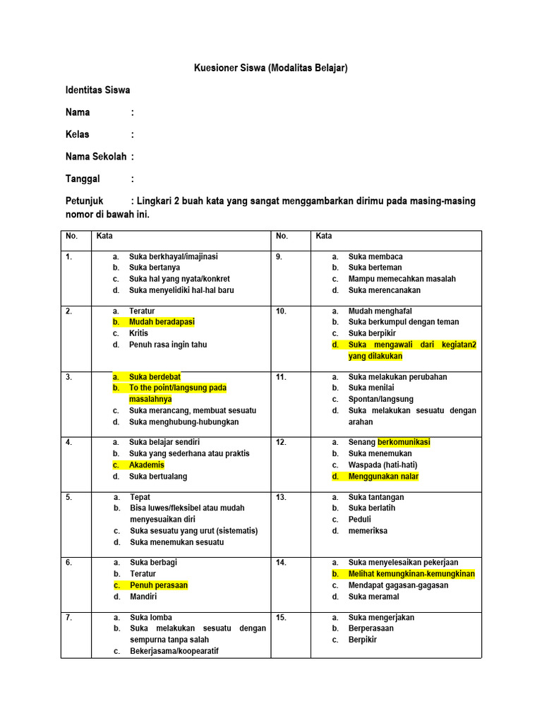 Kuesioner Modalitas Belajar Siswa | PDF