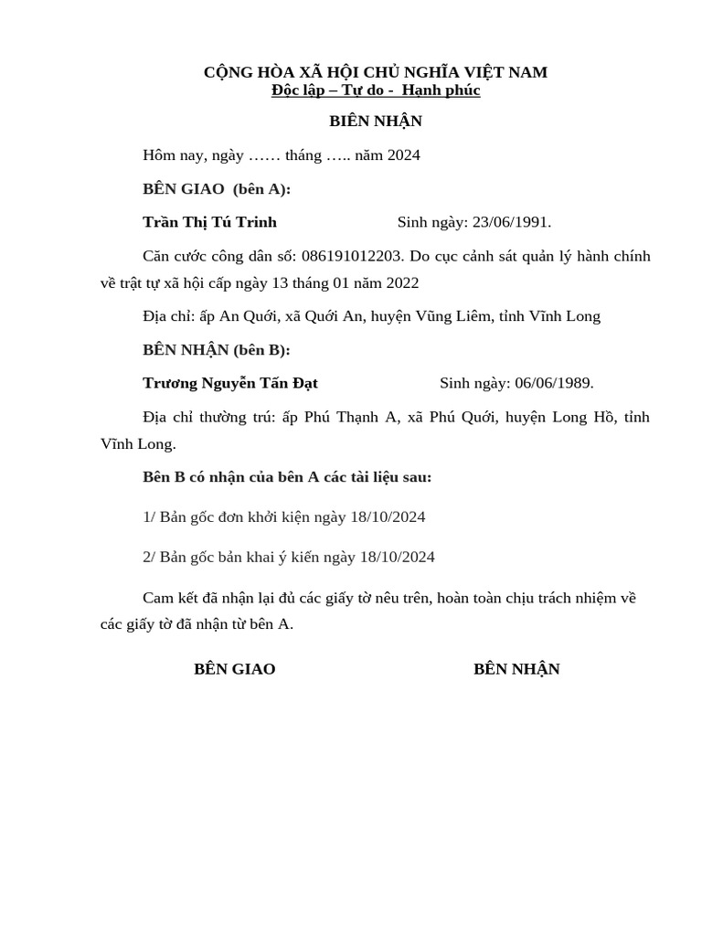 Bien Nhan Giao Tai Lieu CH NG C V Ly Hon Tu Trinh Tan Dat | PDF