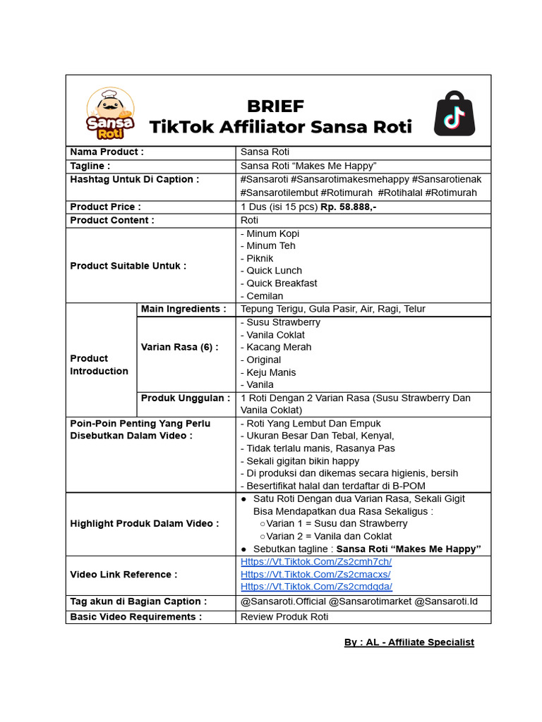 BRIEF TikTok Affiliator Sansa Roti | PDF
