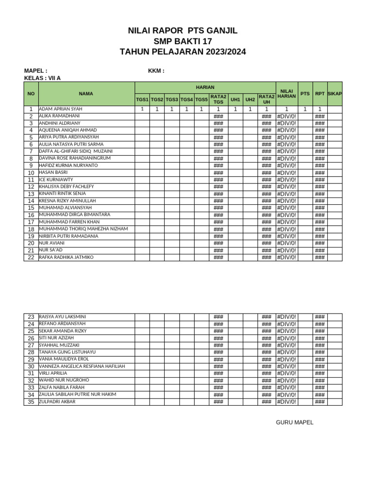 Format Nilai Rapot Pts Ganjil 2023-2024 | PDF