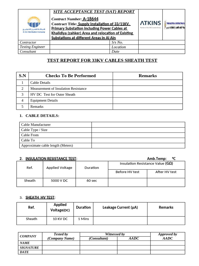 33kV Cable SHEATH TEST FORMAT | PDF | Electrical Substation | Insulator ...
