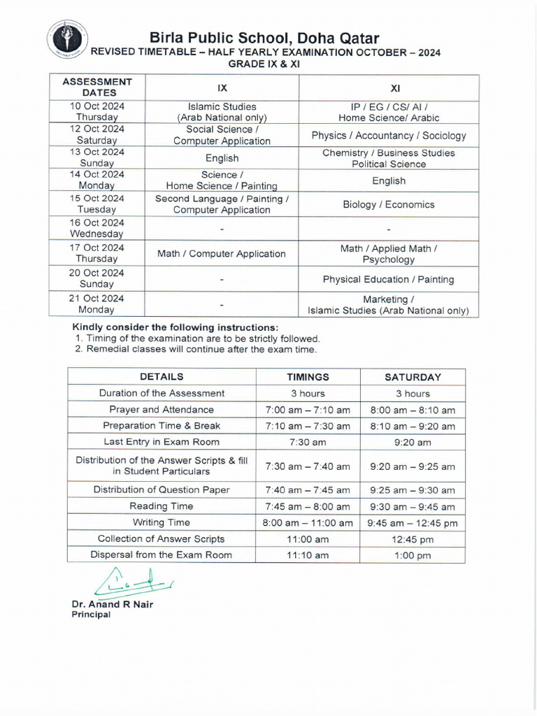 Revised Timetable For Half Yearly - Grades IX XI - Oct 2024 | PDF