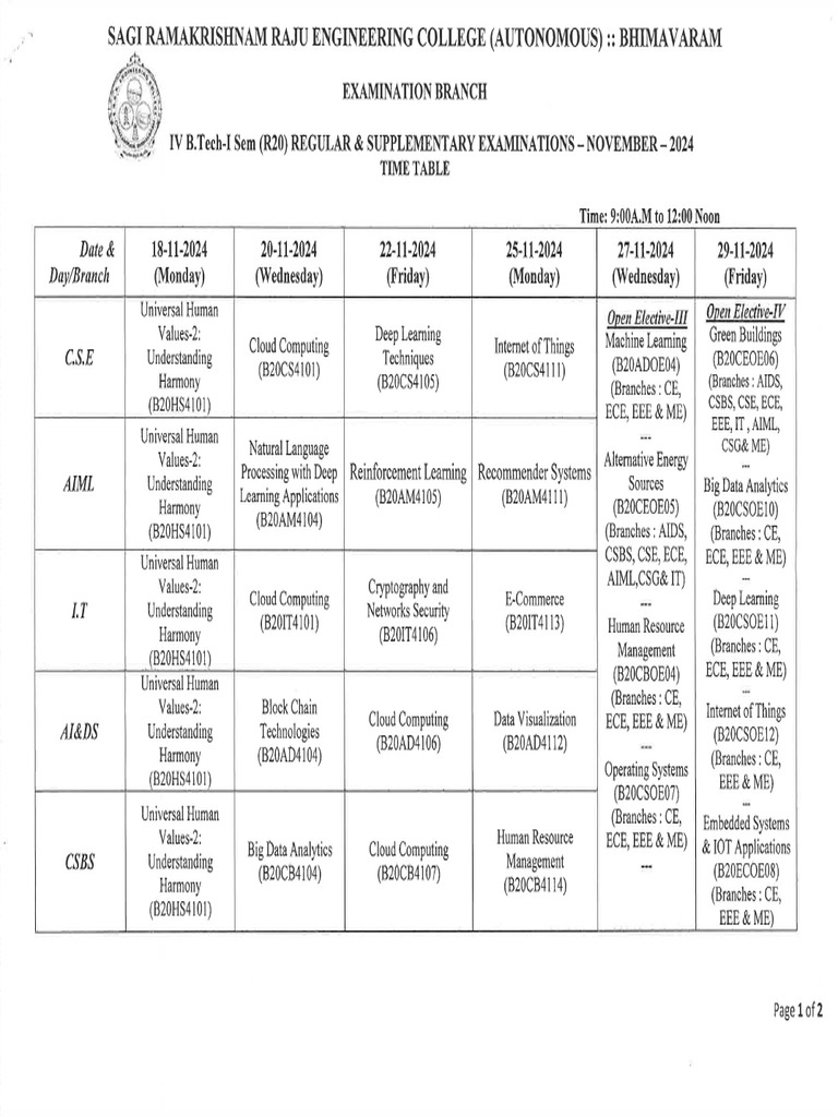 R20 4-1 Regular - Supply Exam Timetable Nov 2024 | PDF