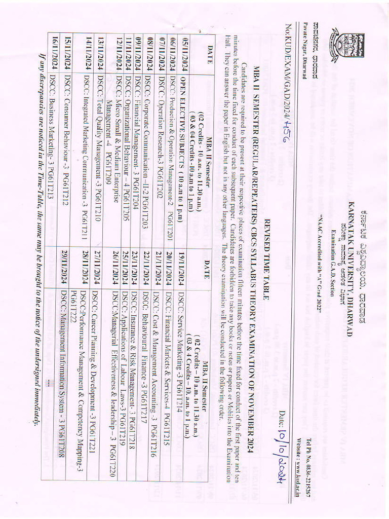 Revised MBA II & IV Semester Theory Exam Time Table November 2024 | PDF