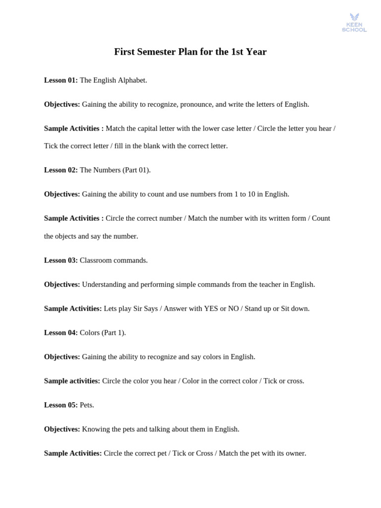 First Year English Semester Plan | PDF