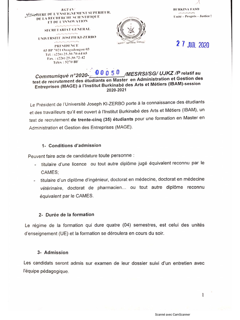 IBAM 2020 2021 Recrutement Master en Administration Et Gestion Des ...