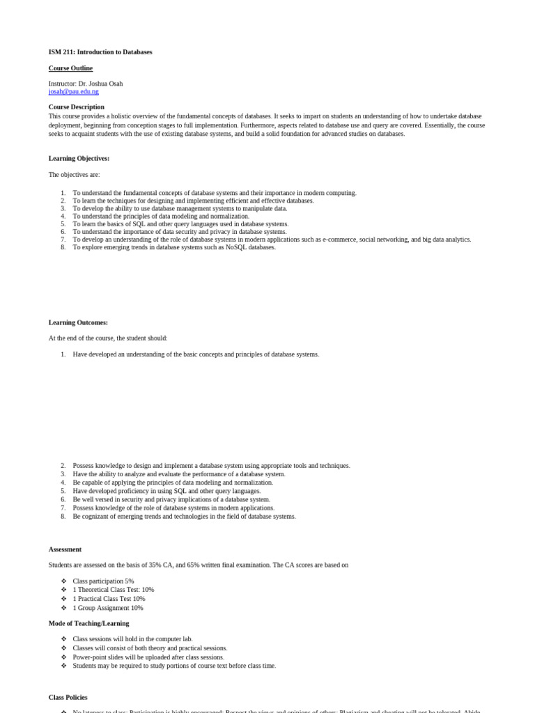 Ism 211 2023 Course Outline | PDF | Databases | Sql