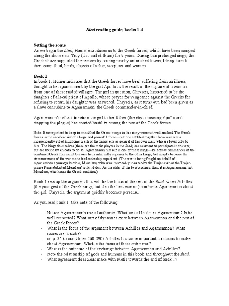Setting The Scene:: Iliad Reading Guide, Books 1-4 | PDF | Iliad ...