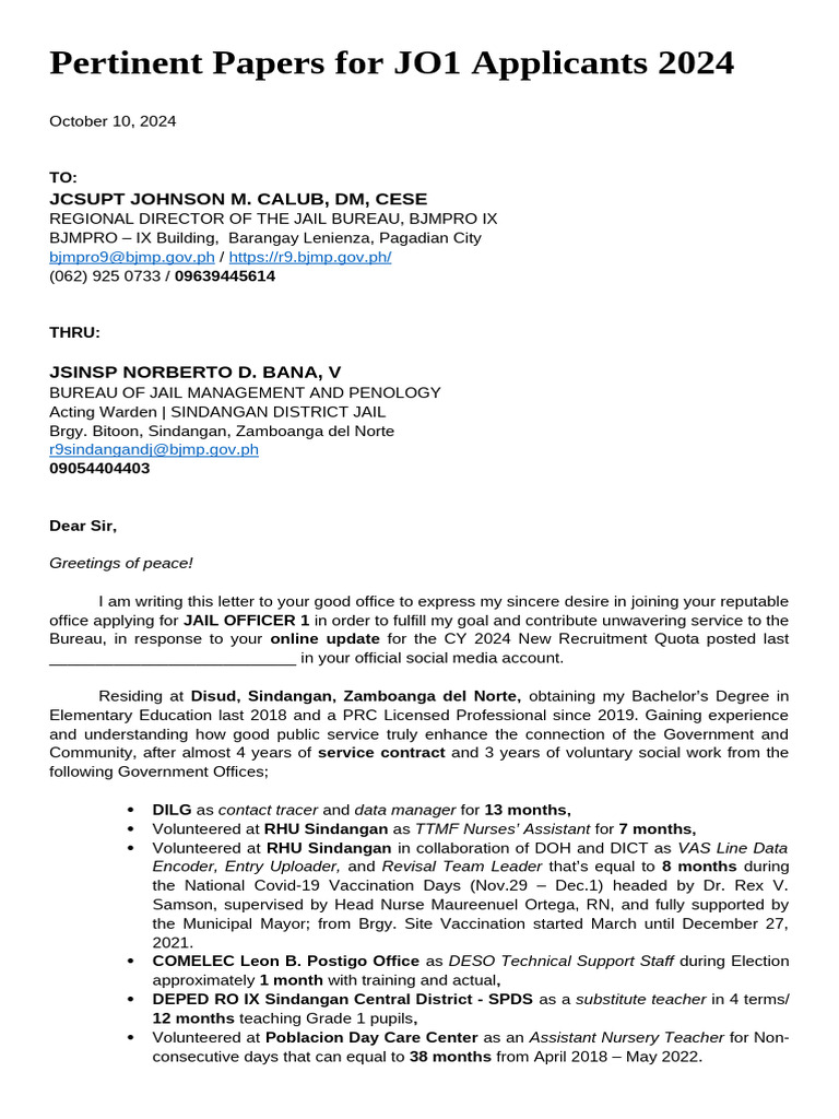 BJMP Sample Intent Letter Region 9 | PDF | Computing