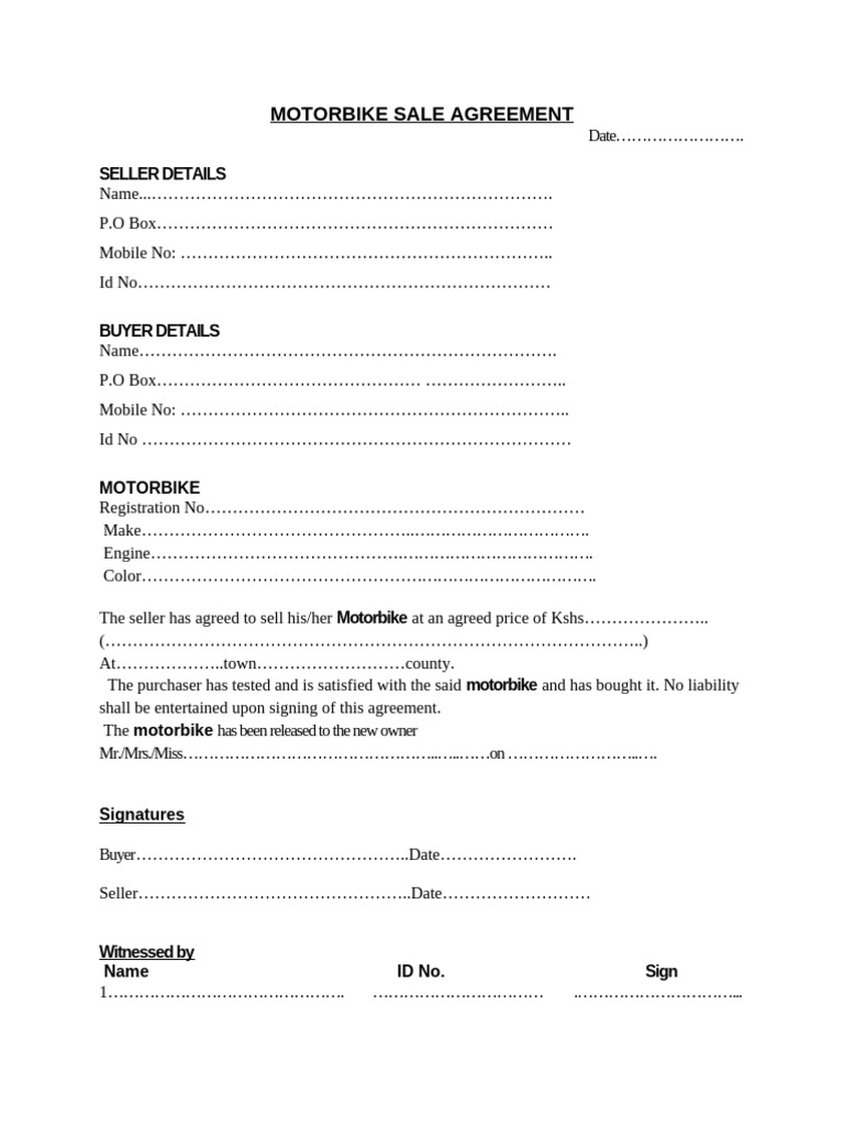 Motorbike Sale Agreement Template | PDF