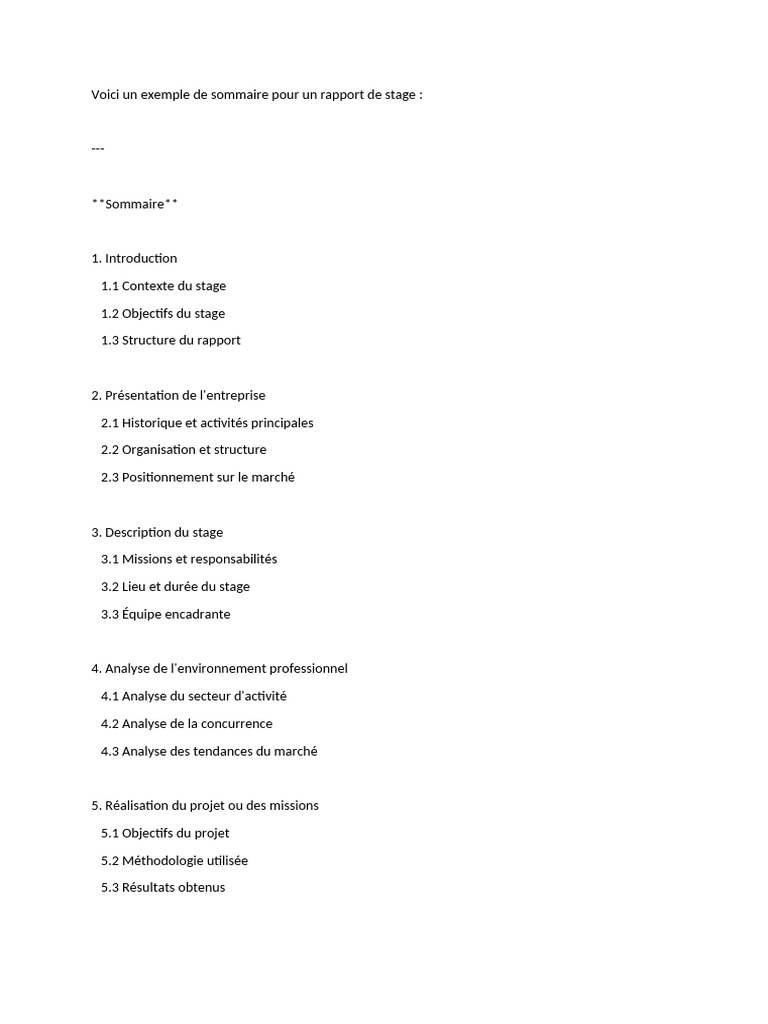 Exemple de sommaire de rapport de stage | PDF