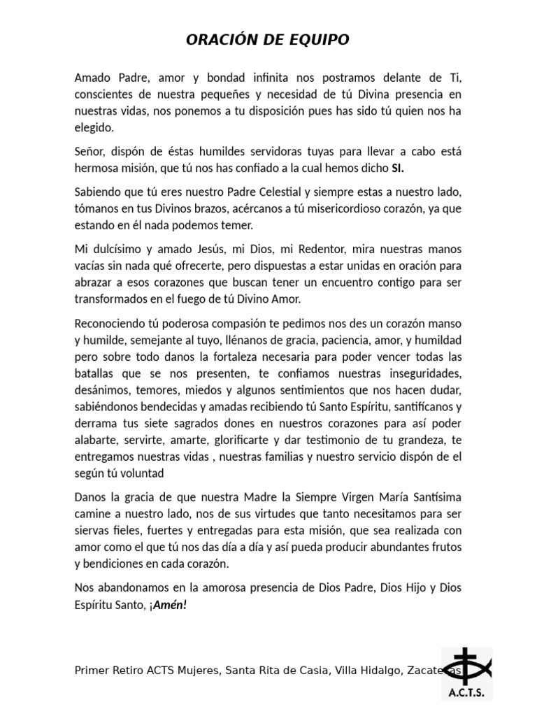 Oración de Equipo para Retiro ACTS | PDF | Oración | Amor