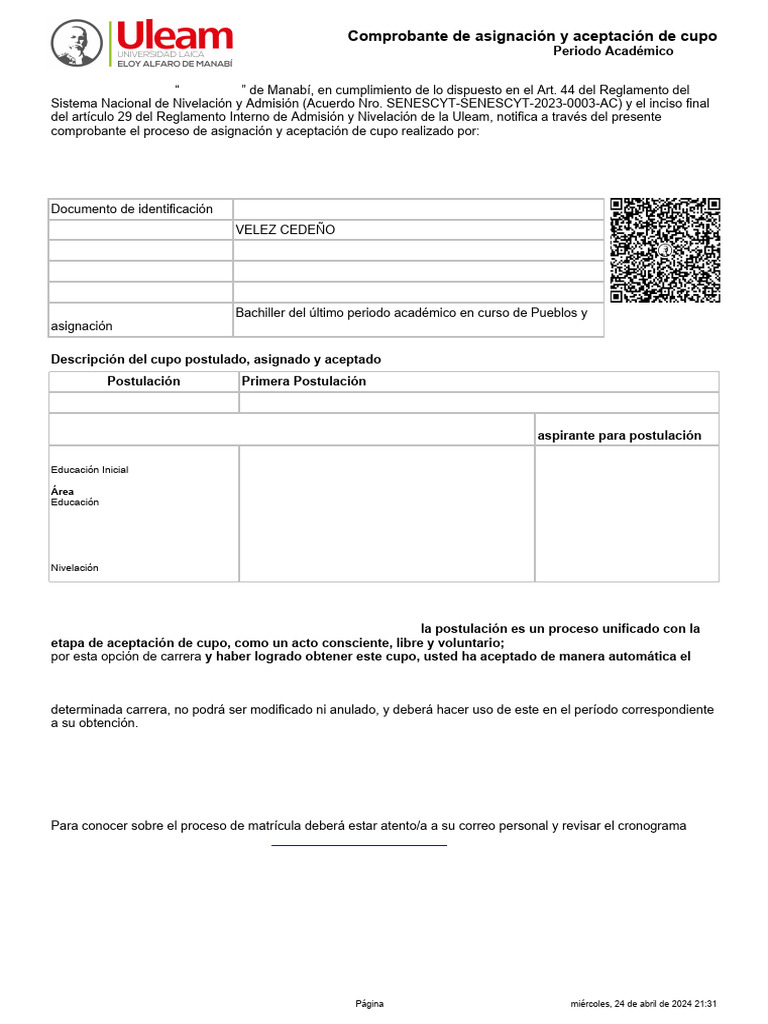 Aceptación de Cupo | PDF
