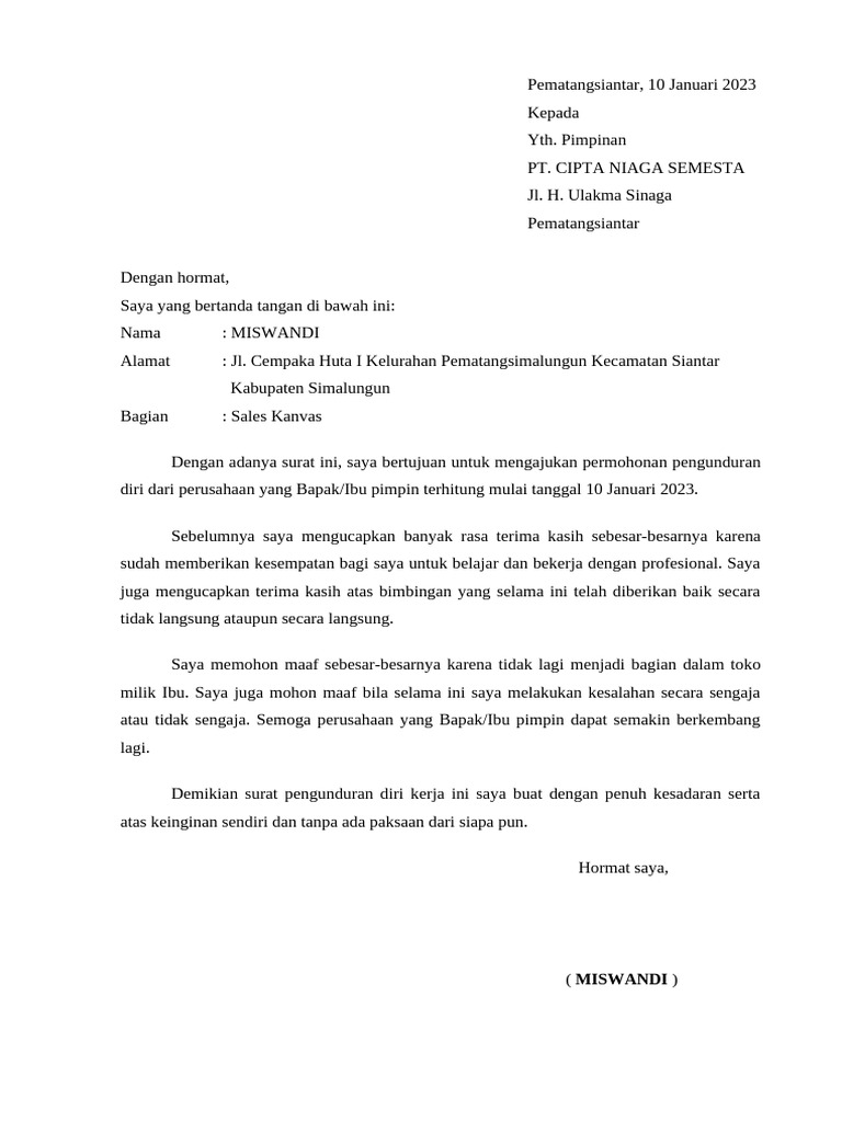 SURAT PENGUNDURAN DIRI WANDI | PDF