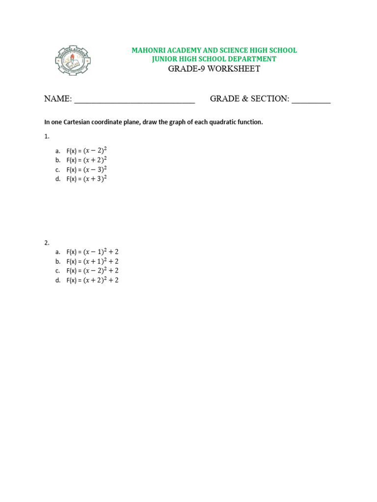 Math 9 Worksheet | PDF | Teaching Methods & Materials | Science & Mathematics