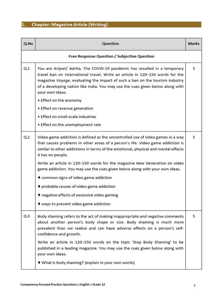 Class 12 Article Writing Practice | PDF | Sleep | Attention