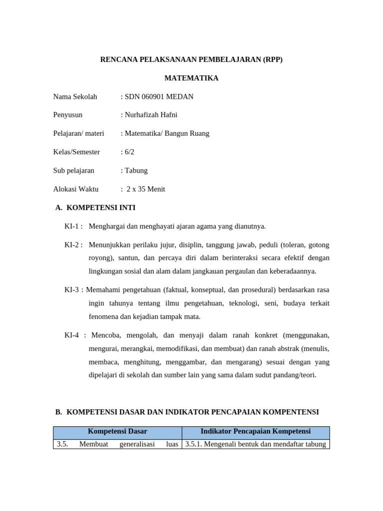RPP Matematika Kelas 6: Bangun Tabung | PDF