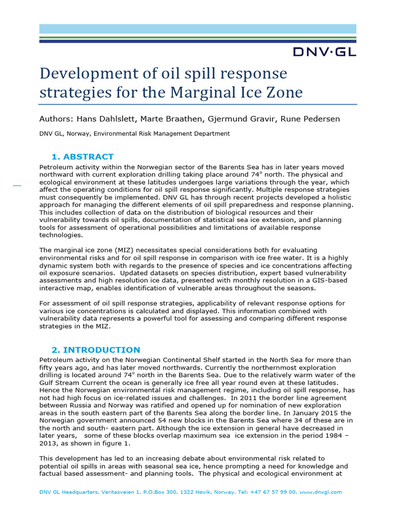 Development of Oil Spill Response Strategies For The Marginal Ice Zone - R Pedersen, DNV GL ...