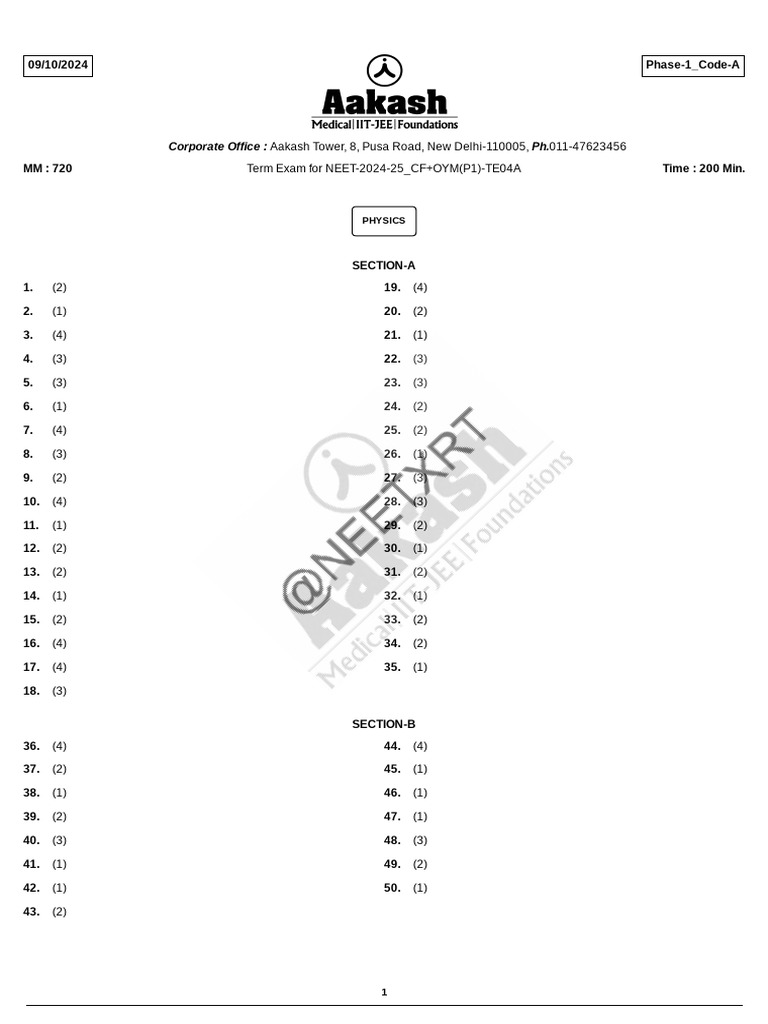 TE 04 CODE A PHASE 01 OYM ANS KEY BY NEETXRT - Watermark | PDF | Lymphocyte | Lymphatic System