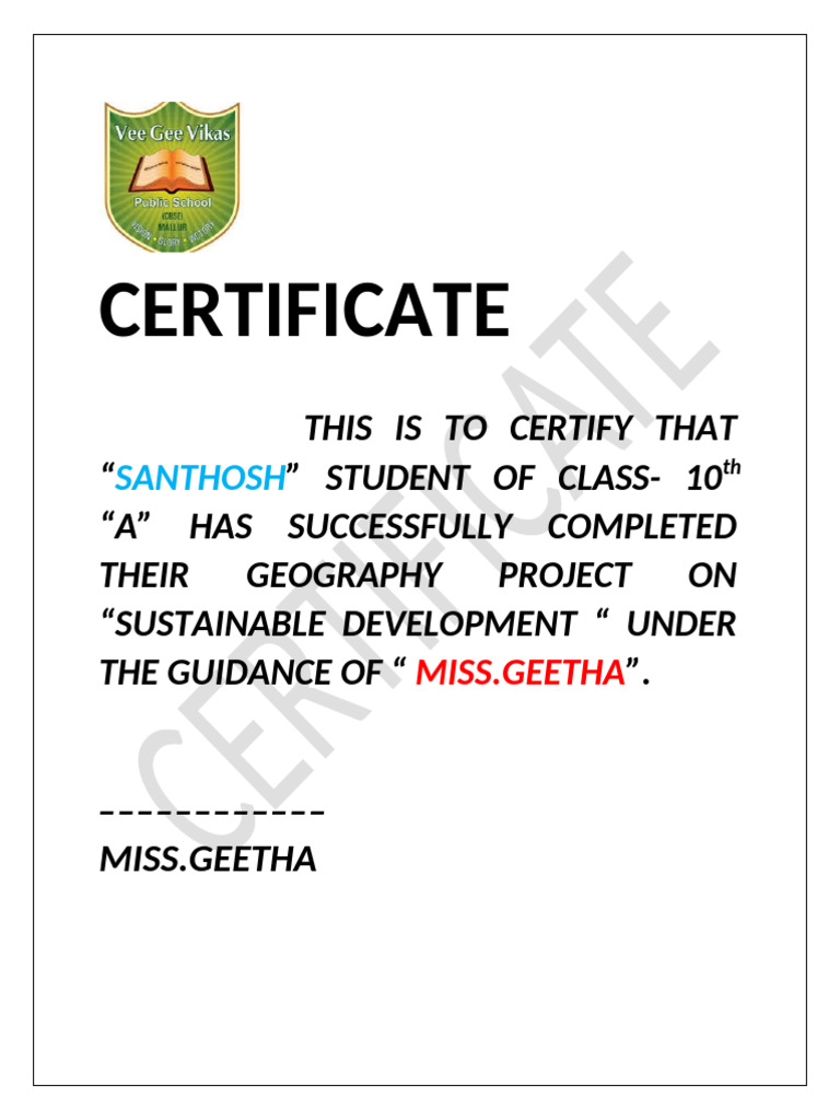 Class 10 Geography Project Certificate | PDF