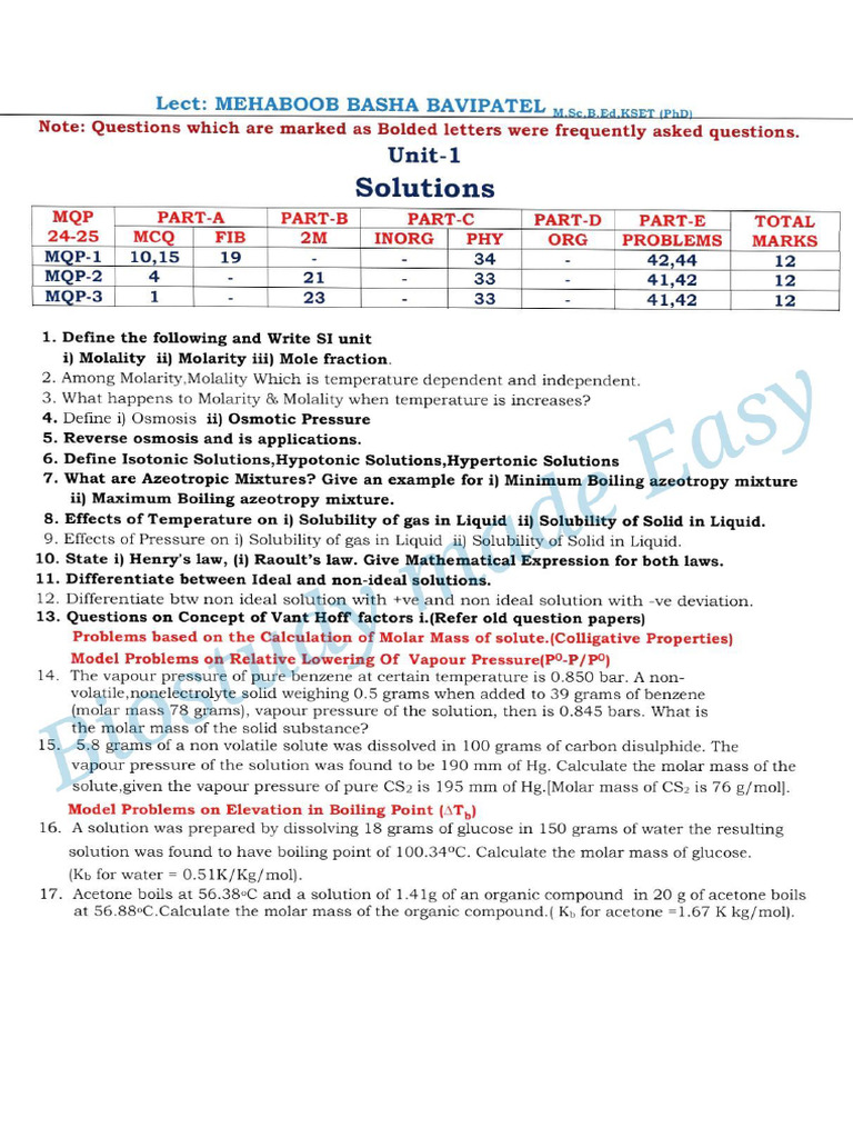 2pu Chemistry Midterm 2024 IMP QUESTIONS | PDF