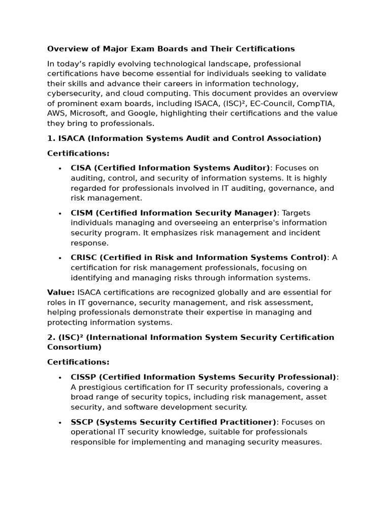 Overview of Major Exam Boards and Their Certifications | PDF | Computer ...