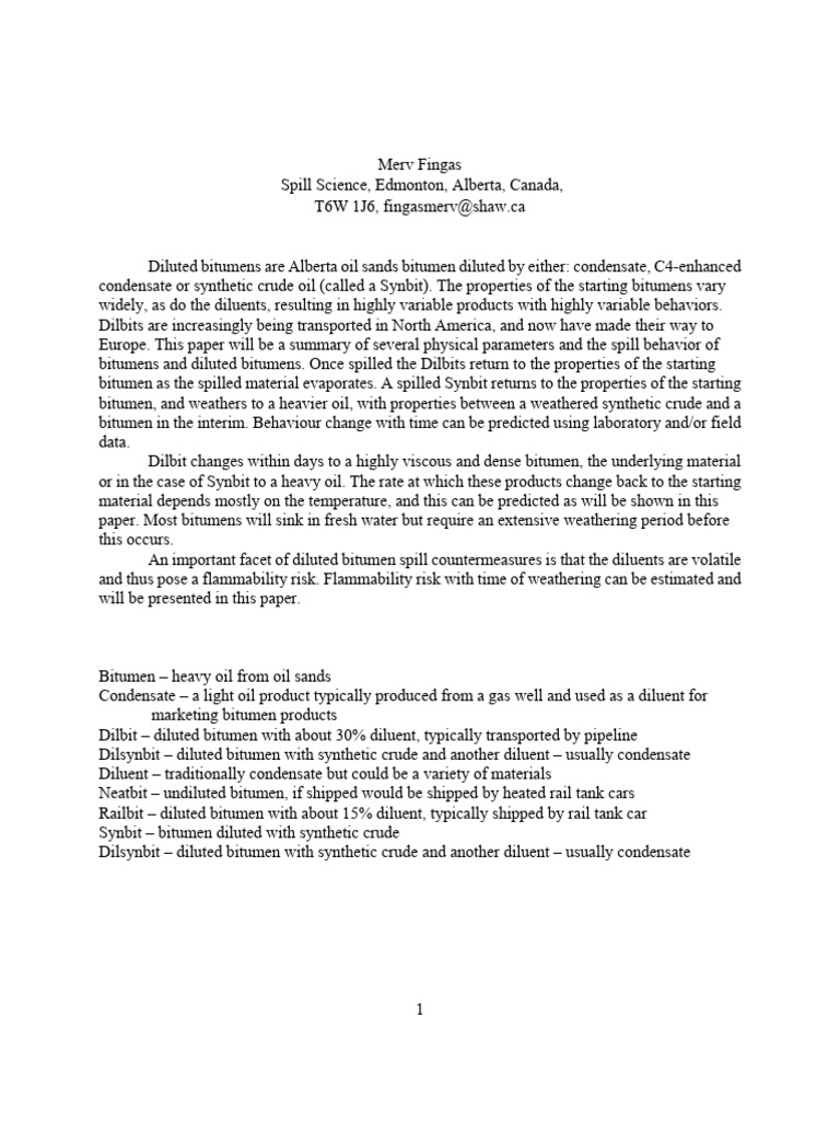 Diluted Bitumen - Dilbit - A Future High Risk Spilled Material - M ... Diluted Bitumen - Dilbit - A Future High Risk Spilled Material - M ...