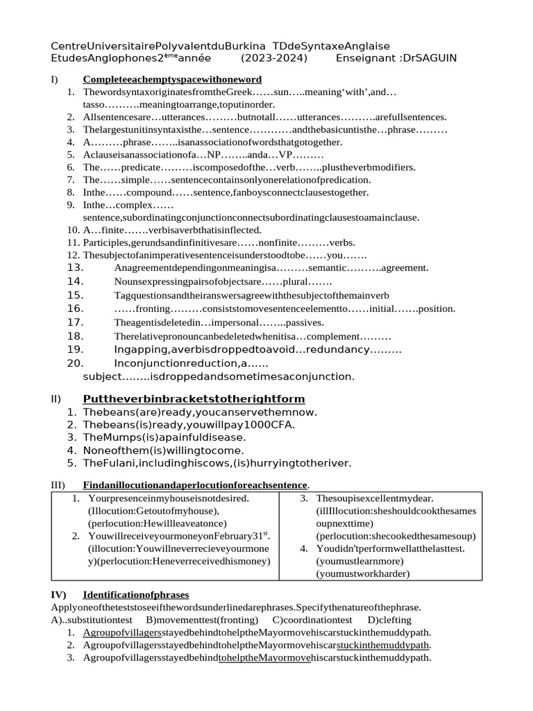 TD - SYNTAX S4 - 2024 - Students | PDF | Linguistics | Syntactic Relationships