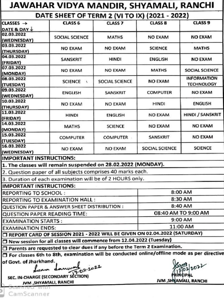 Date Sheet Annual Exam | PDF