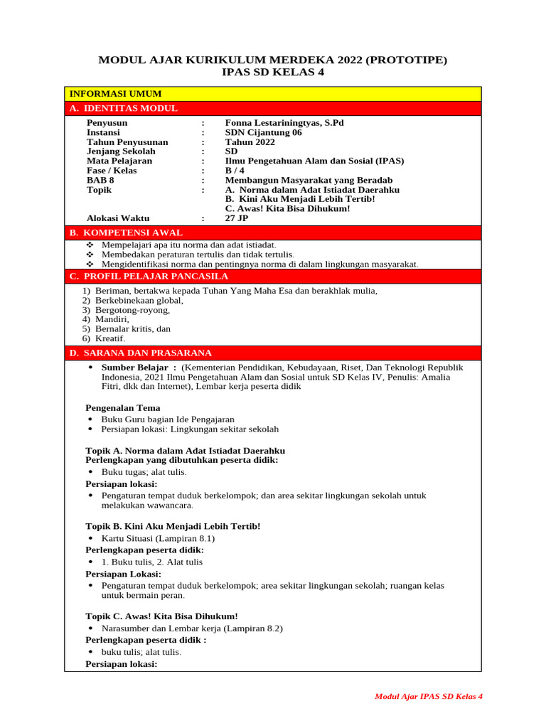 Modul Ajar Ipas Bab 8 Kelas 4 | PDF