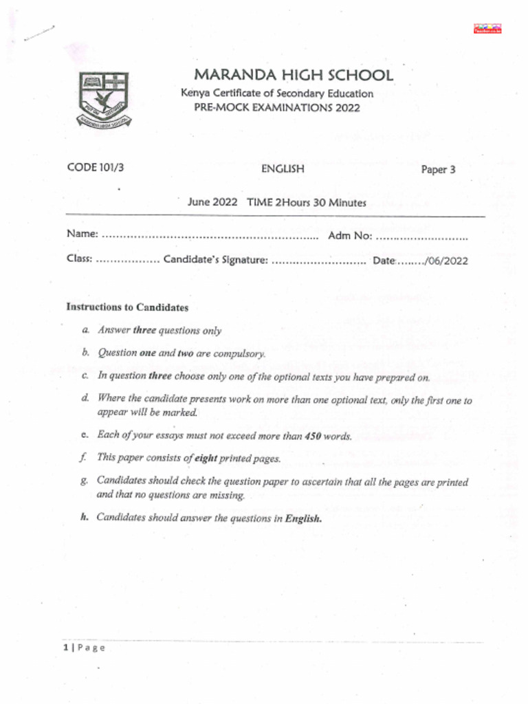 Maranda English Paper 3 Maranda Form 4 End Term 1 Teacher Co Ke | PDF