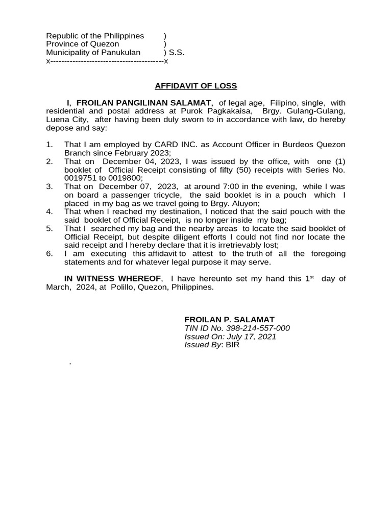 Affidavit of Loss for Official Receipt | PDF