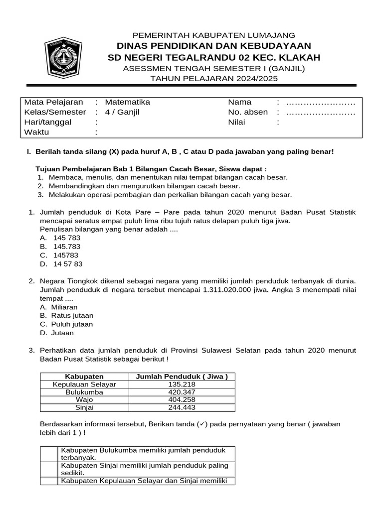 Master Soal Matematika Ats Kelas 4 Semester Ganjil 2024 - 2025 | PDF