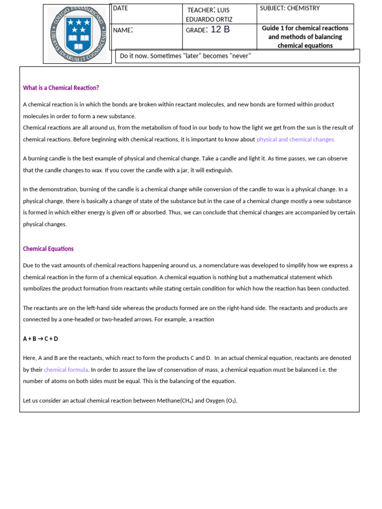 Guide 1 For Chemical Reactions and Assigning Oxidation Numbers Grade 12 ...