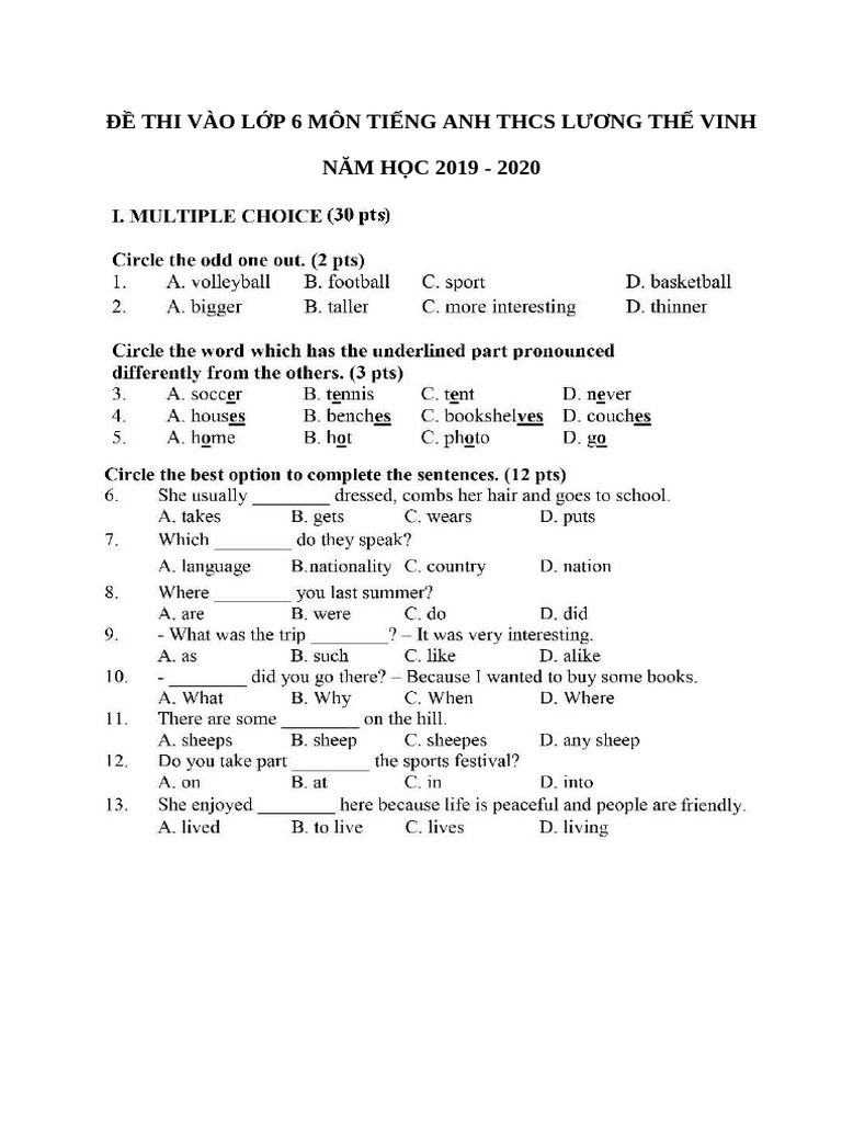 De Thi Vao Lop 6 Mon Tieng Anh Truong Thcs Thpt Luong The Vinh Nam 2019