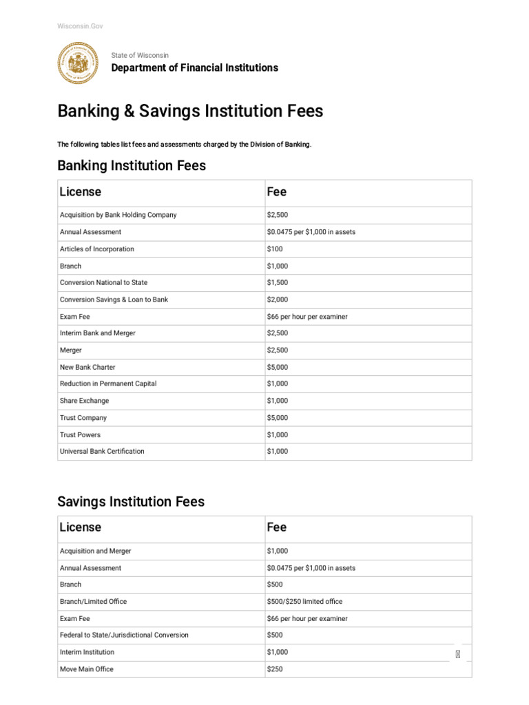 DFI Banking & Savings Institution Fees | PDF | Banks
