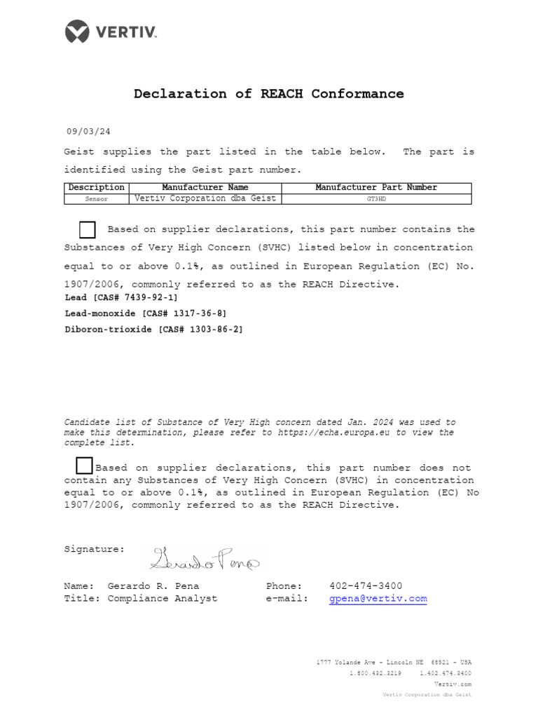 GT3HD REACH Compliance Declaration | PDF