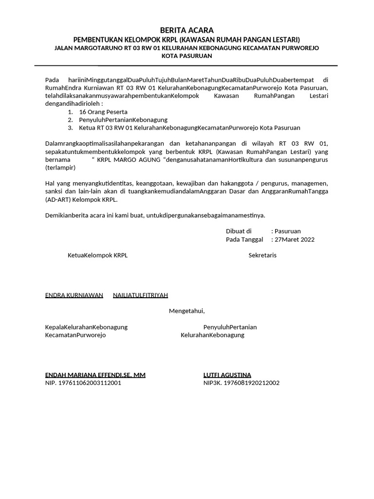 Berita Acara Pembentukan Kelompok KRPL 1 | PDF