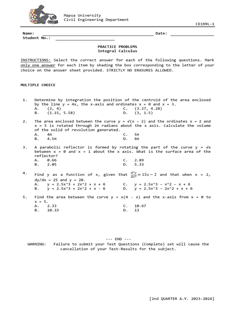 A1 A3 A4 A5 1Q2425-C1-Practice-Problems-Integral Calculus | PDF ...