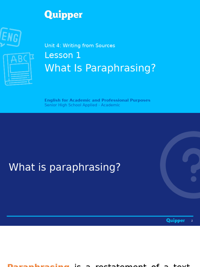 EAP 11 12 Unit 4 Lesson 1 What Is Paraphrasing | PDF