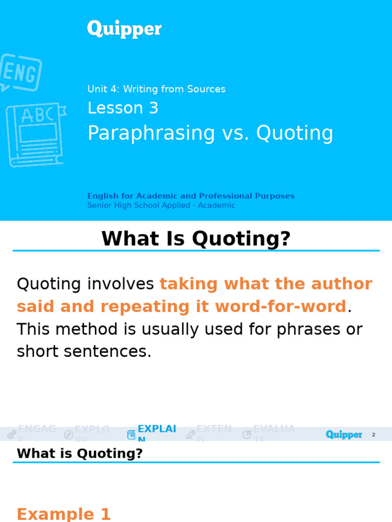 EAP 11 12 UNIT 4 LESSON 3 Paraphrasing vs. Quoting | PDF | Bracket | Human Communication