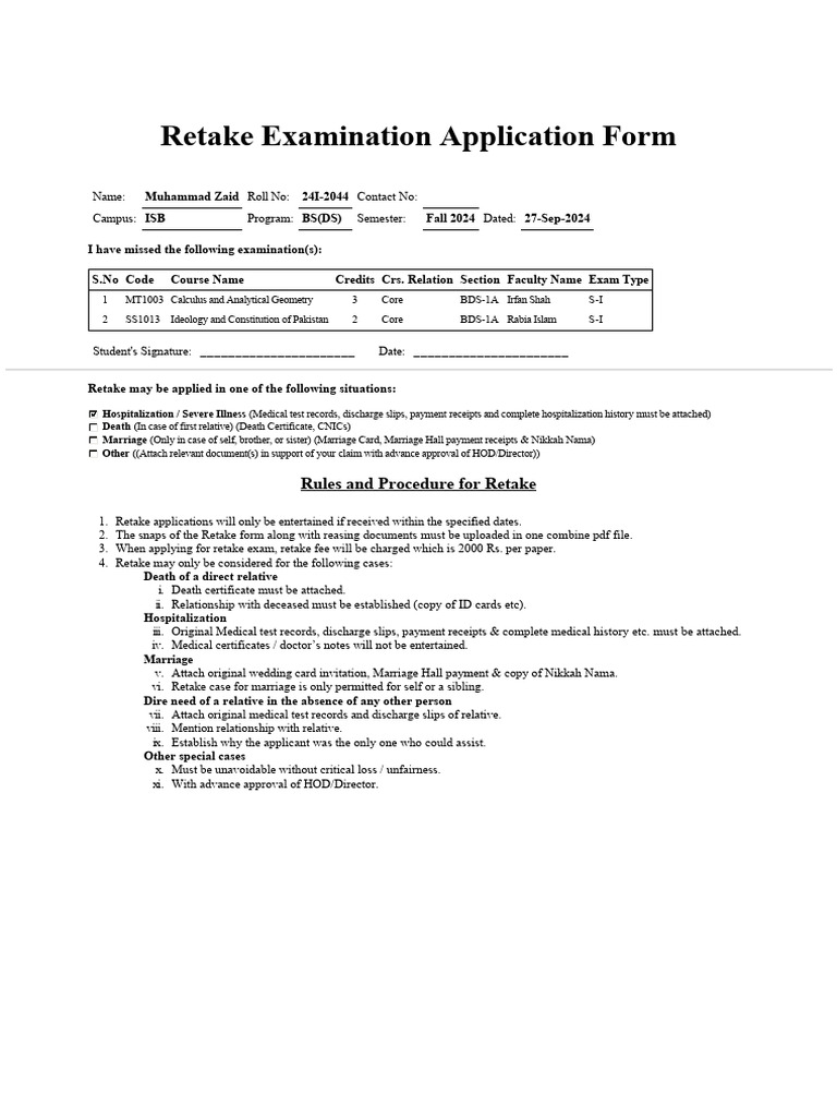 24I-2044 ExamRetakeRequestForm | PDF | Law