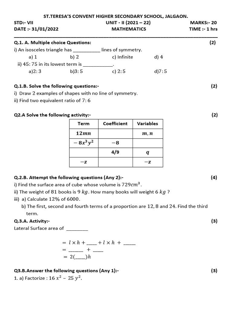 STD VII MATHS FINAL UNIT II Aarti Miss | PDF | Area | Ratio